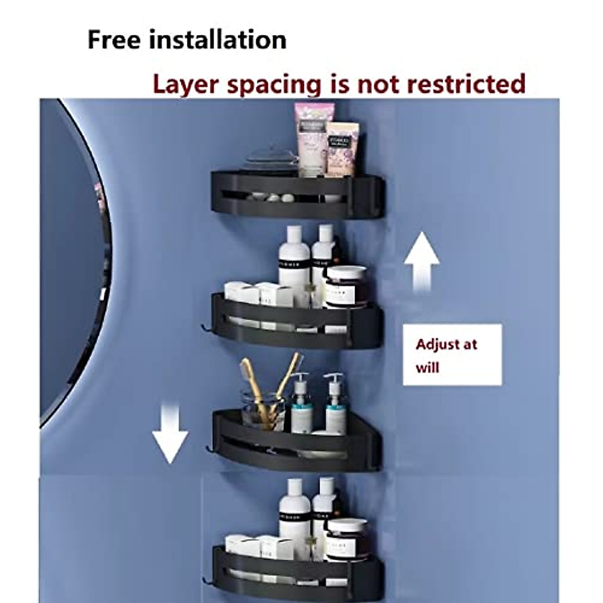 Hyuxinmy Bath Corner Shower Shelves Adhesive Caddy, Adhesive Bathroom Shelf Wall Mounted, No Drilling Kitchen Racks Shower Organizer Basket, Storage for Bathroom Kitchen (4black)