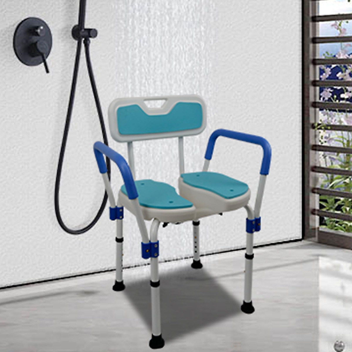 JumboTIGER Wide 17.5-Inch Shower Chair with Arms and Back,Heavy Duty Shower Chair for Inside Shower,Cutout Seat for Private Washing, 300lbs Capacity,Big Man Shower Chair, Tool-Free Assembly,Blue
