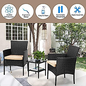 3 Pieces Patio Furniture Sets Outdoor Wicker Bistro Set Clearance Rattan Chairs Patio Set Conversation Sets with Coffee Table for Porch Poolside Balcony Garden Lawn, Black