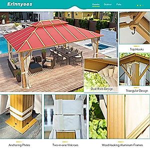 Erinnyees 12' x 16' Wood Grain Hardtop Gazebo, Outdoor Aluminum Composite Double Roof with Privacy Curtain and Mosquito Net for Patio, Lawn, Garden, Deck(Wood Looking, Wine Red)