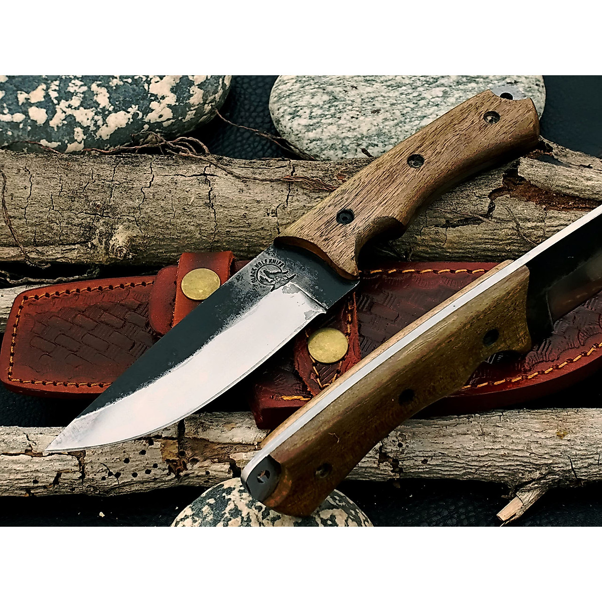 D2 Steel Hunting Knife Fixed blade knife Skinner Knife Walnut Wood handle, Black Edge,Bush craft, Camping, with Cowhide Leather Sheath – BW-4146