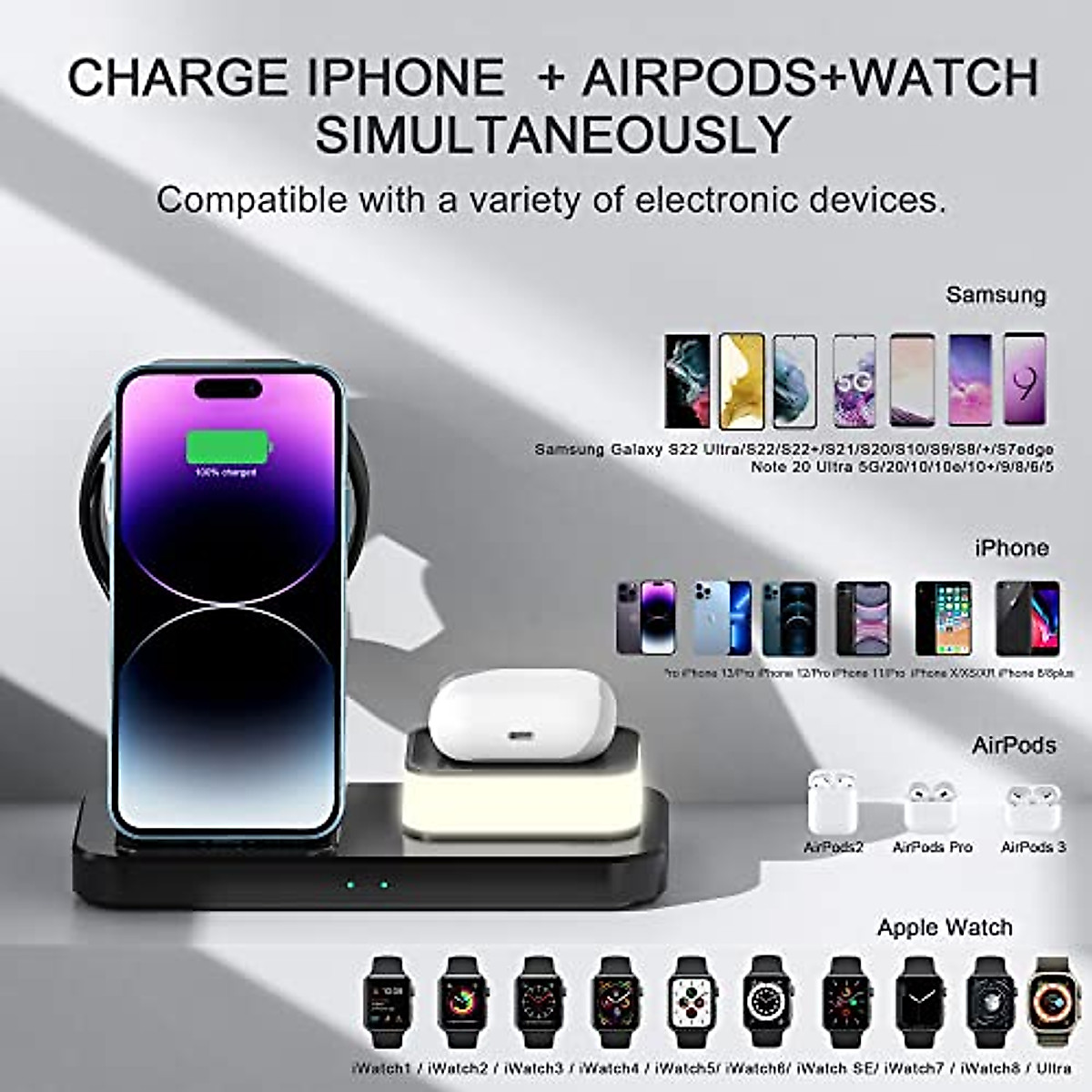 Wireless Charging Station Compatible with Apple iWatch8/Ultra/7/SE/6/5/4/3/2, 3 in 1 Wireless Charger Nightlight for Airpods 2/3/Pro iPhone 14 Plus/13/12/Pro MAX/Mini/11/XS/XR/8 and Samsung(Black)