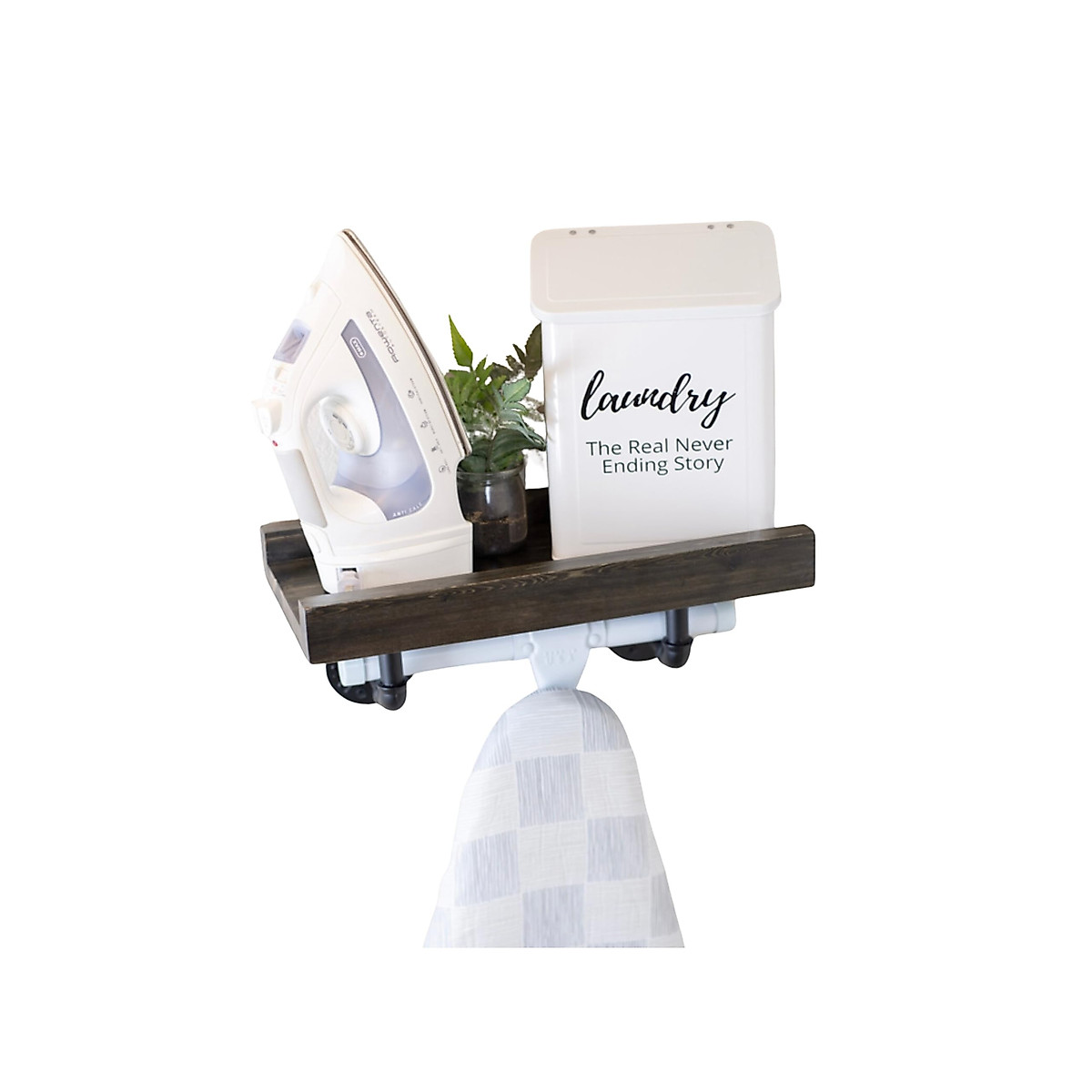 Ironing Board Holder Wall Mount - Heavy Duty Wood Shelf w/Metal Pipe Brackets - Hanging Ironing Board - Farmhouse Style Ironing Board Hanger - Wall Mounted Ironing Board - Iron Board Wall Mount