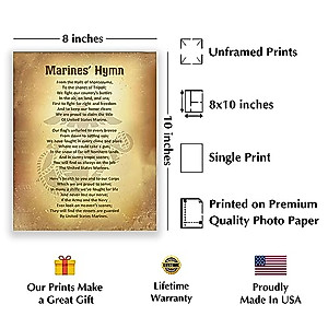 Marine Corps Hymn - Song Lyrics Wall Art Poster, This Ready to Frame Distressed Parchment Replica Logo Wall Art Decor Print is Good For Music Room, Office, and StudioRoom Decor, Unframed - 8X10”