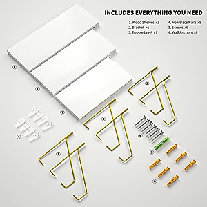 aopow White Floating Shelves for Wall - Set of 3 Hanging Wood Shelf & Wall Mounted Long Wide Deep Rustic Wooden Shelves with Gold Metal Brackets Modern for Bedroom Bathroom Living Room