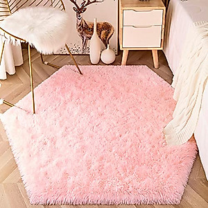 EVOIONOS Pink Hexagon Rug for Princess Tent , Fluffy Area Rug for Kids Room , 4.6X4 FT , for Girls Tent , Furry Soft Nursery Rug , Fuzzy Plush Carpet for Teen Girls Bedroom