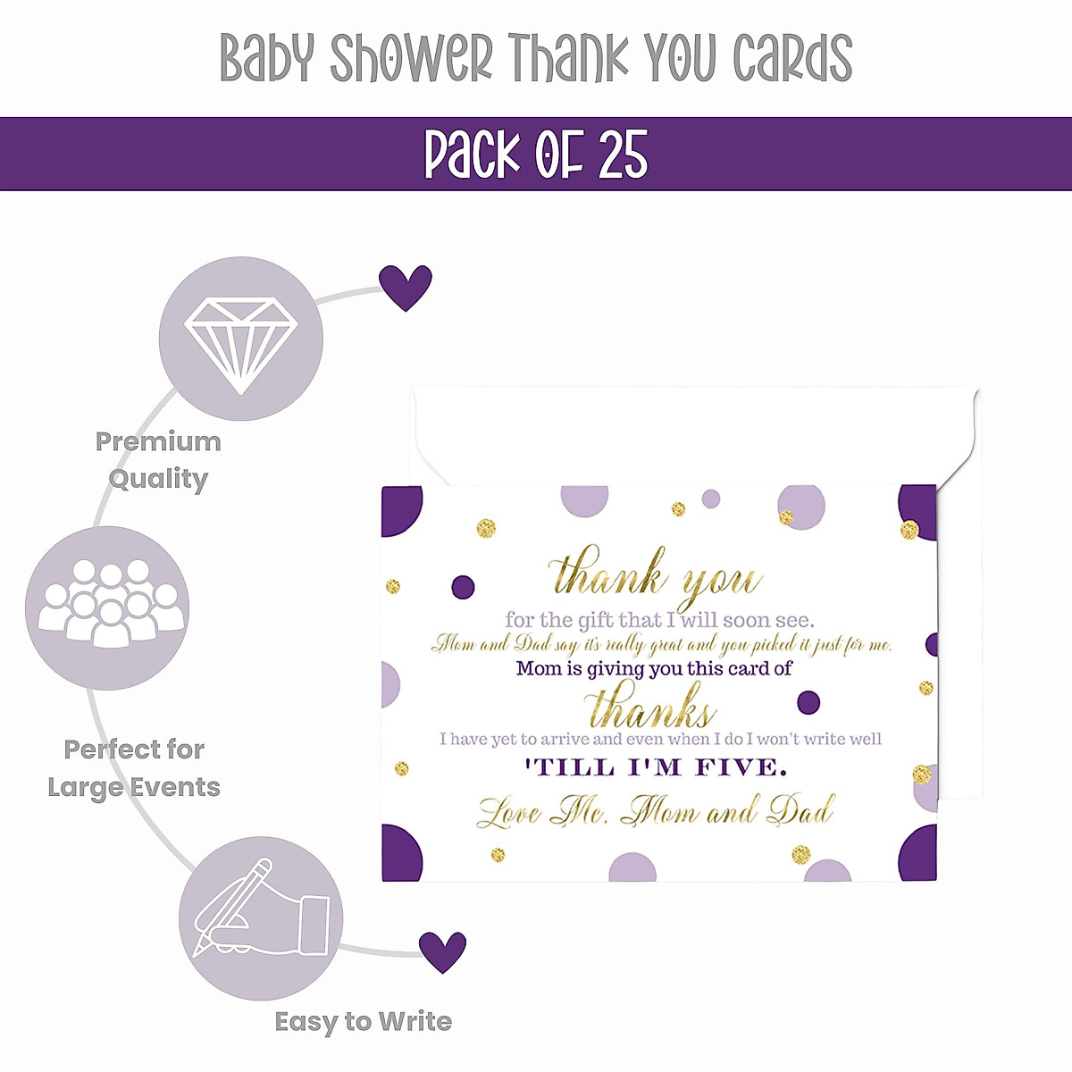 Paper Clever Party 25 Purple and Gold Baby Thank You Cards Pack – Cute Baby Shower Notes with Envelopes, Prefilled Message, Customizable Blank Stationery, Princess Theme, New Parents Gift Ideas