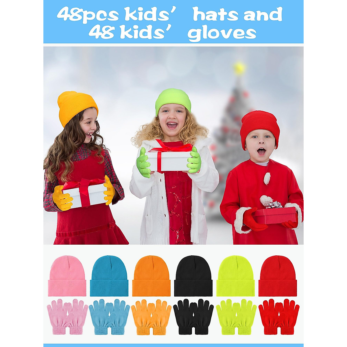 Retisee 96 Pcs Kids Winter Beanie and Gloves Set Knit Hat Bulk Warm Gloves Cap for Boys Girls Homeless Gift(Mixed Color)