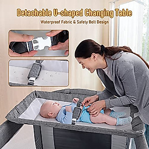 Jaoul Baby Bassinet Bedside Sleeper Baby Crib, Pack and Play with Bassinet and Changing Table, Portable Travel Baby Playpen with Bassinet Toys & Music Box, Mattress for Girl Boy Infant Newborn Gray