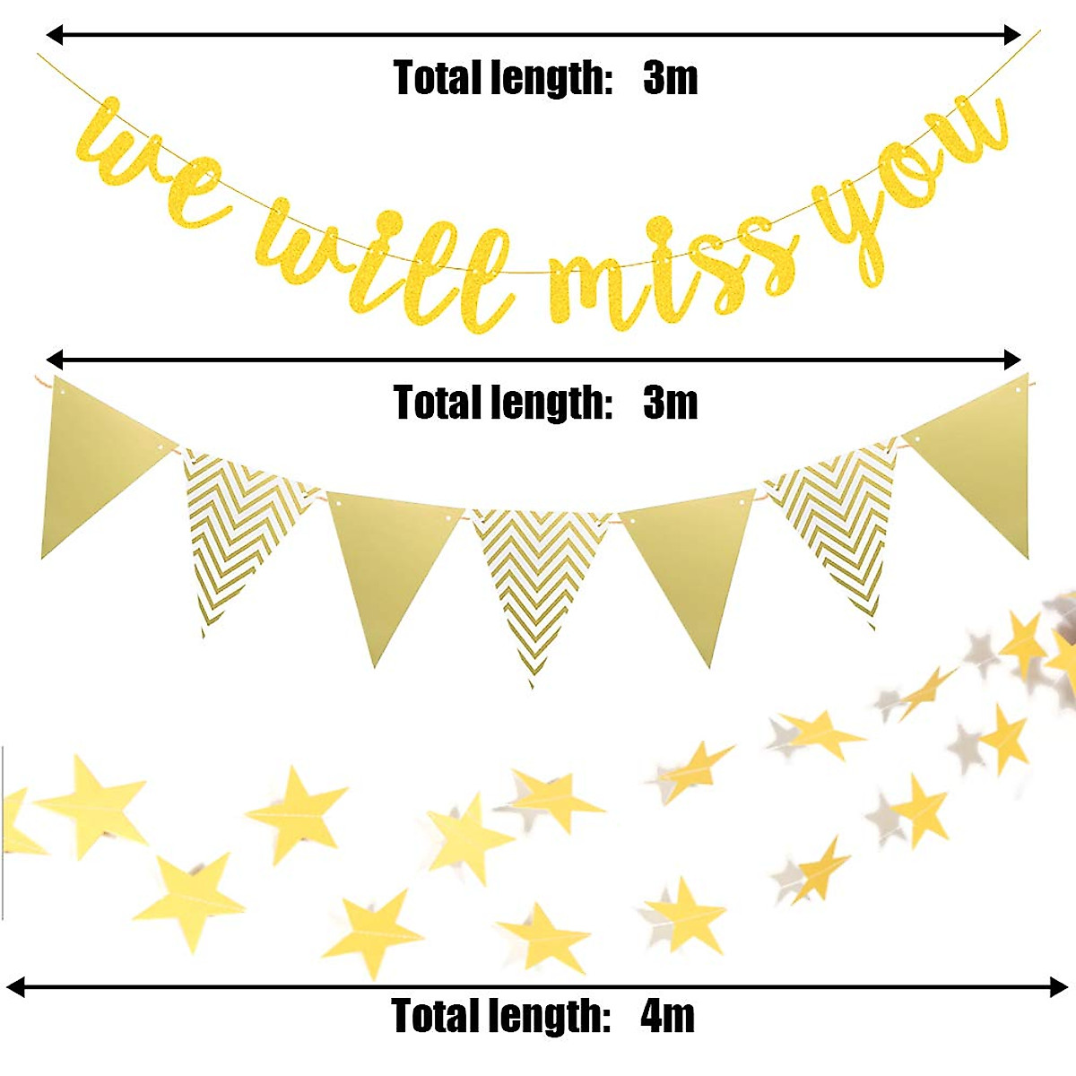 Gold Glitter Graduation Banner We Will Miss You and Triangle Flag Banner Star Swirl Banner for Farewell Party Decorations Supplies Retirement Going Away Office Work Job Change Party Decorations (Gold)