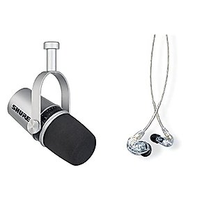 Shure MV7 USB/XLR Dynamic Microphone + SE215 Professional in-Ear Headphones for Podcasting, Recording, Streaming & Gaming, Built-in Headphone Output, Voice-Isolating Technology - Silver/Clear