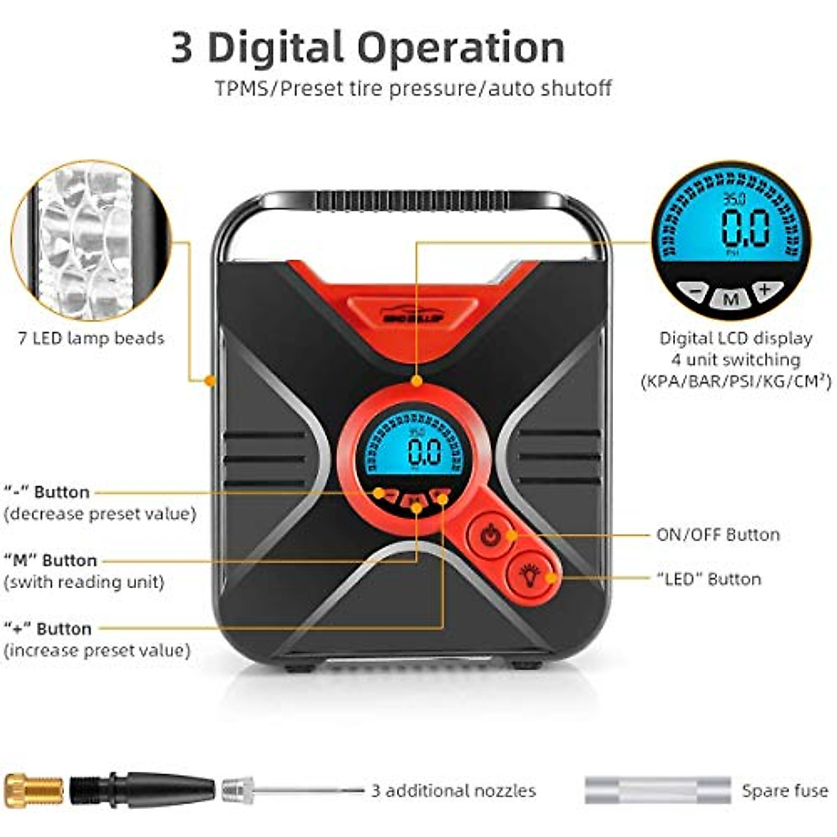 WindGallop Digital Car Tire Inflator Portable Air Compressor for Car Tires 12v Car Air Pump Tire Pump with Pressure Gauge LED Light Valve Adaptors for Bike Automobiles Basketball Pool Toys (Red)