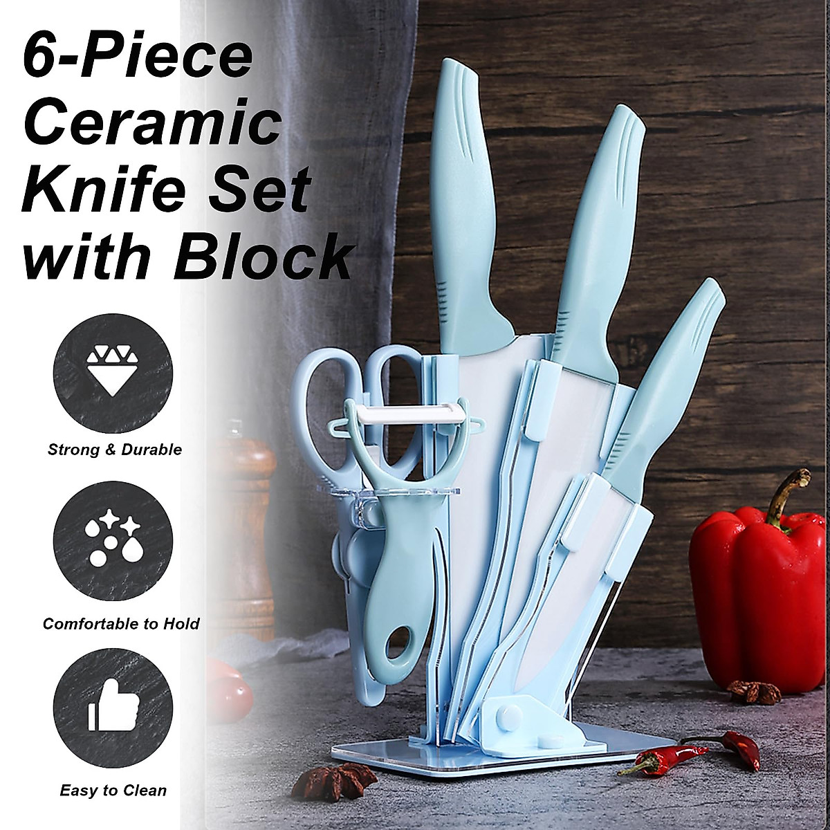 Kitchen Ceramic Knife, 6 Pieces Blue Ceramic Knife Set for Kitchen With Block, Rust Proof & Stain Resistant, Ultra Sharp Cooking Knife Set with Ceramic Peeler & Scissors for Home Restaurant (Blue)