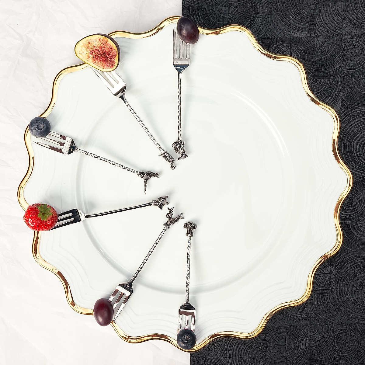 Rigeli Regent White Bronze plated Set of 6 Dessert Forks (Animals Design), Giftpacked 6Pcs Stainless Steel, Cocktail Forks, Small and Fruit Forks for Party, Hotel, Restaurant