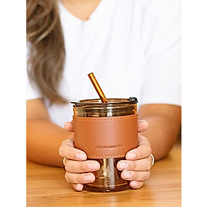 JADE AND JUNO HOME Glass Coffee Mug/Tea Cup with Glass Straw and Leakproof Lid (15oz) - Travel Friendly Cups with Heatproof Sleeves for Hot and Cold Beverages (Rich Caramel)