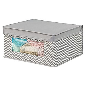 mDesign Medium Fabric Stackable Closet Storage Organizer Box, Front Window/Lid - Bedroom, Office, Mudroom Organization, Hold Clothes, Blankets, Linens, Spira Collection, 4 Pack, Taupe/Natural Chevron