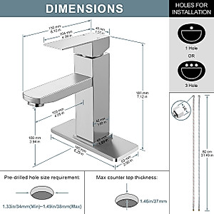 Homikit Brushed Nickel Single Handle Bathroom Faucet with Pop Up Drain, 1 or 3 Holes, Stainless Steel Vanity RV Lavatory Faucet with Deck Plate, 2 Water Supply Hoses