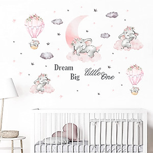 Large Pink Baby Elephant Wall Decal, MYKASEN Cute Five Elephant Dream Big Little One Wall Stickers Pink Moon Grey Stars Cloud, Removable Nursery Wall Decor for Baby Kids Boy Girl Bedroom Cradle