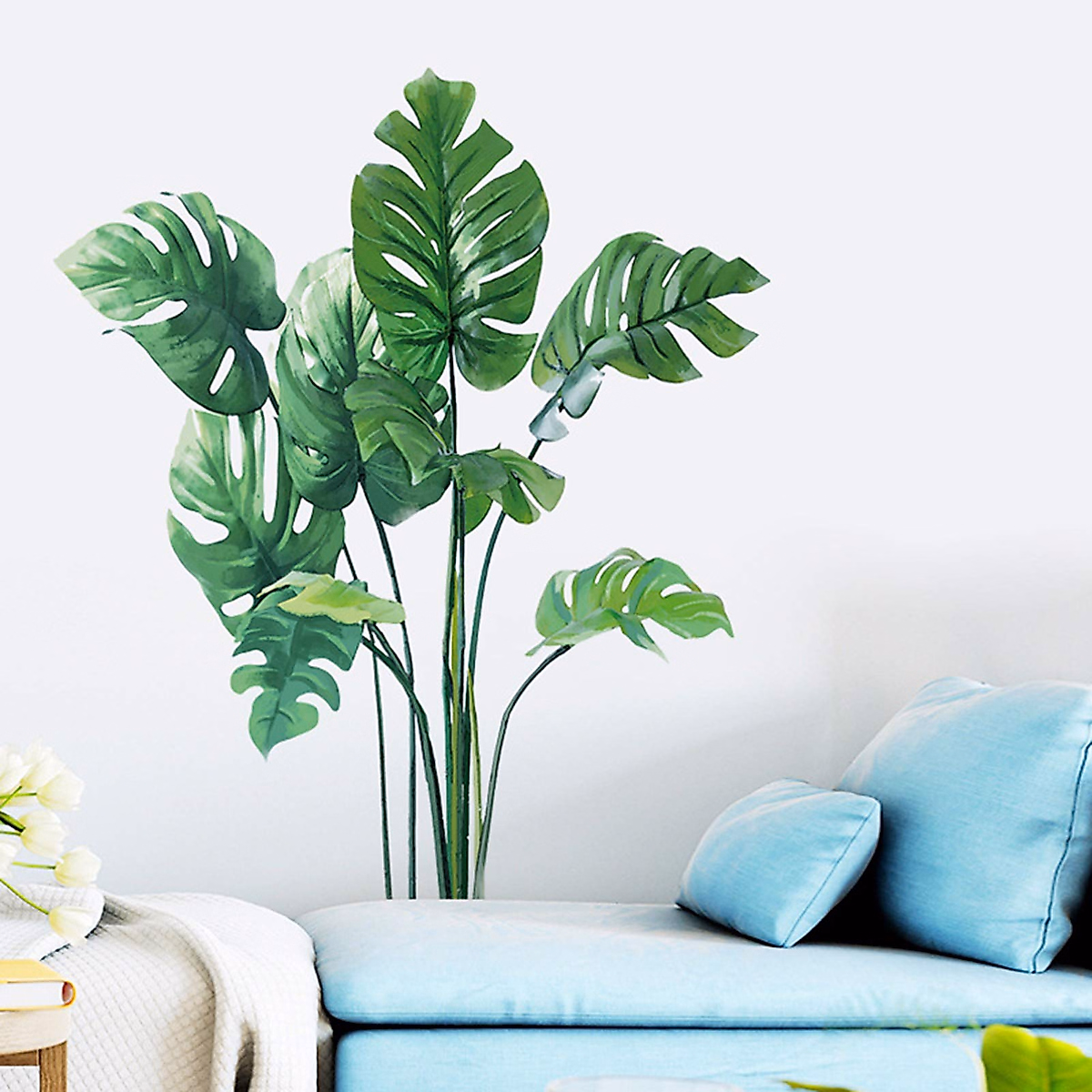 Leaf Wall Decals Monstera Leaf Tropical Plants Wall Stickers for Living Room, Palm Leaf Wall Posters Natural Green Plants Art Murals Vinyl Wallpaper for Bedroom Nursery Office