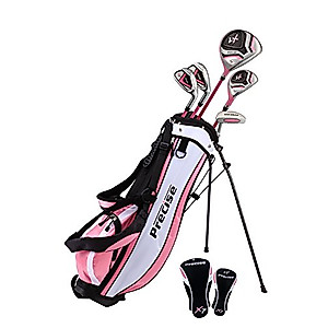 Distinctive Girls Pink Junior Golf Club Set for Age 6 to 8 ( Height 3'8" to 4'4" ), Left Handed Only, Set Includes: Driver, Hybrid Wood, 2 Irons, Putter, Bonus Stand Bag & 2 Headcovers