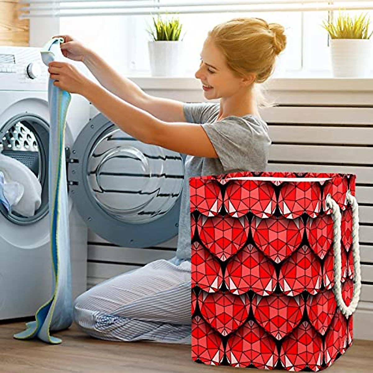 Waterproof Laundry Basket Large Collapsible Laundry Hamper With Handle 4 Detachable Rod, Red 3D Geometric Hearts Love Pattern Bedroom Storage Bin For Clothes, Toys