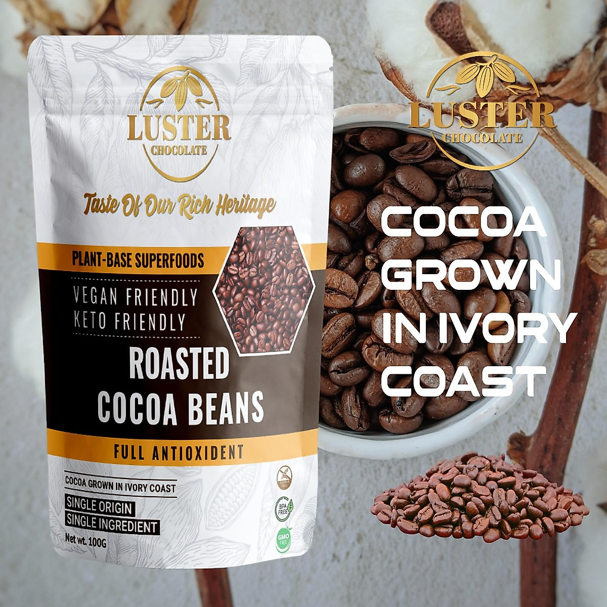 Luster Chocolate Roasted Cocoa Beans 100 g Chocolatey Flavor from Organic Cacao Beans - Non GMO & Gluten Free