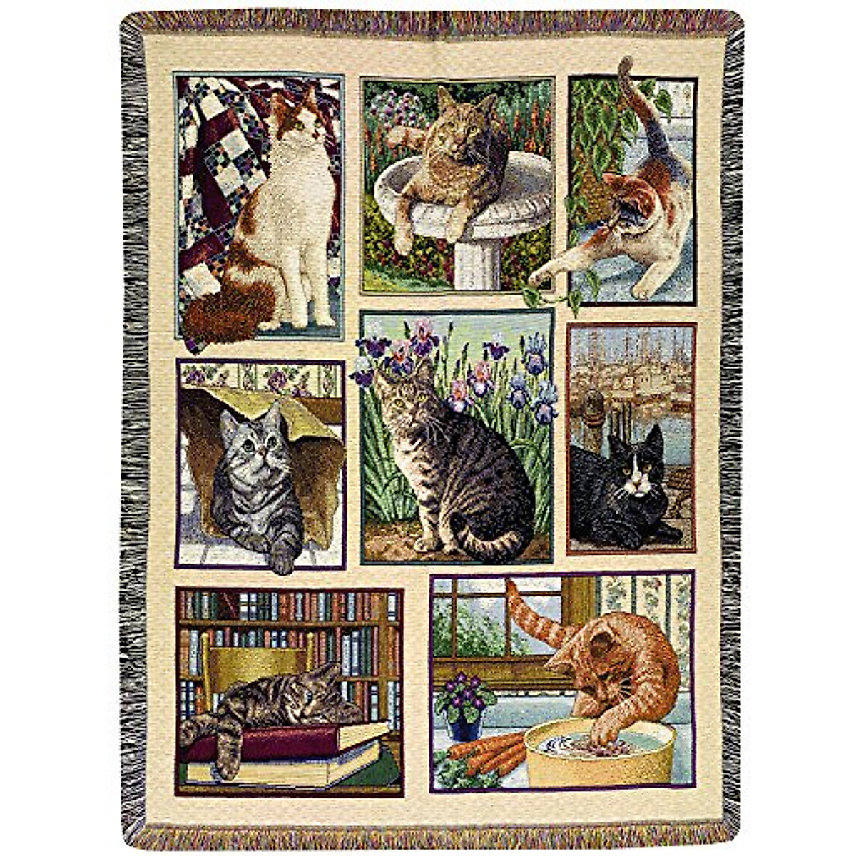 Manual Tapestry Throw with Fringe, Kitty Korner, 47 X 60-Inch
