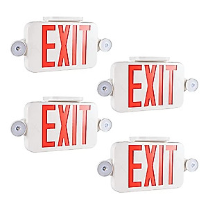 GRUENLICH LED Combo Emergency EXIT Sign with 2 Adjustable Head Lights and Double Face, Back Up Batteries- US Standard Red Letter Emergency Exit Lighting, UL 924 Qualified, 120-277 Voltage, 4-Pack
