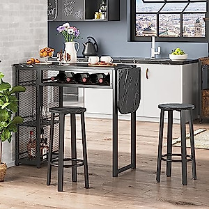 Bestier Bar Table and Chair Set, Expandable Dining Table with 2 Bar Stools, Industrial Kitchen Counter with Wine Rack & 3 Tier Adjustable Storage Shelves, Black Marble