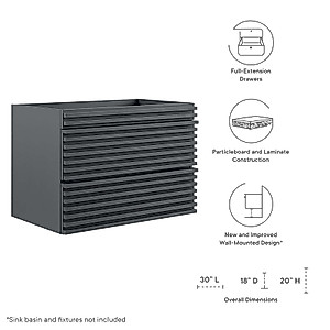 Modway Render 30" Wall-Mount Bathroom Vanity in Gray-Sink Basin Not Included, 30 Inch, Grey
