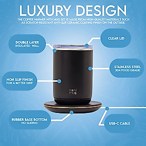 OZTANCE Self Stirring Coffee Mug with Lid - Heated Mug 10 oz, Luxury Design Heated Coffee Mug Warmer Set For Desk Home Office (Black)