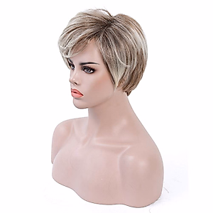 Junbeauty Brown Mixed Blonde Short Layer Nature Curly with Bangs Synthetic Wig Heat Resistant Weave Full Wigs for Women