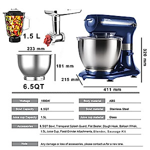 Aifeel Stand Mixer, 6 in 1 Multifunctional Electric Kitchen Mixer 800W 5 Speed with 1.5L juice cup,6.5 QT Bowl, Dough Hook, Whisk, Beater,Meat Grinder , Blender, Sausage Kit (blue)