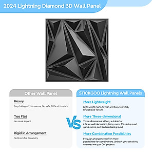 STICKGOO 33 Pack 3D Wall Panels for Interior Wall Decor, Black Diamond Design Accent Wall Decor, 12''x12'' Modern Wall Panels for Gaming Room Bedroom TV Background