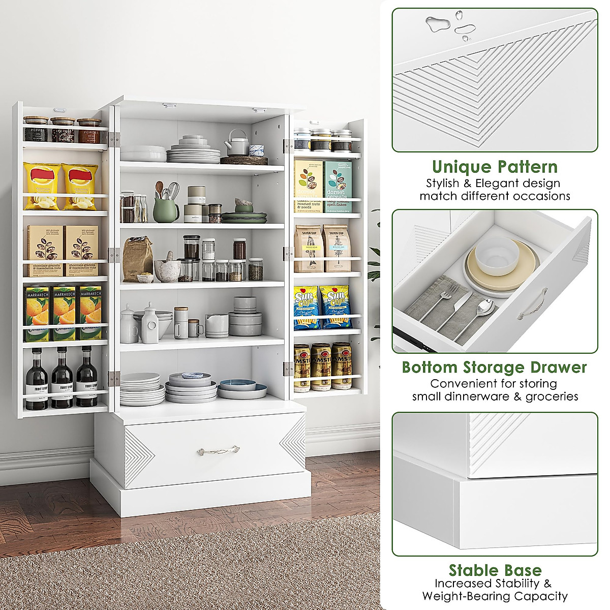 Bigbiglife 47" Kitchen Pantry Cabinet, Kitchen Storage Cabinet with Doors and Adjustable Shelves, Freestanding Buffet Cupboards with Drawer for Kitchen, Living Room and Dining Room, White