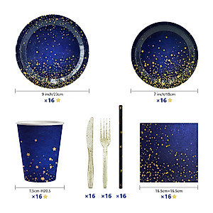 AIBIIN Navy Blue and Gold Party Tableware Blue Plastic Plates And Napkins Party Supplies 112 PCS Royal Blue and Gold Plates Napkins Party Supplies Blue Birthday Retirements Graduation Plates