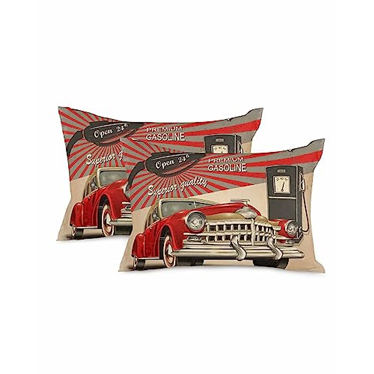Set of 2 Throw Pillow Covers Lumbar Pillow Case Retro Filling Station Car Posters Cotton Linen Rectangular Cushion Case Pillowcase for Sofa Couch Bed, Living Room Bedroom Decorative, 12 x 20 Inches