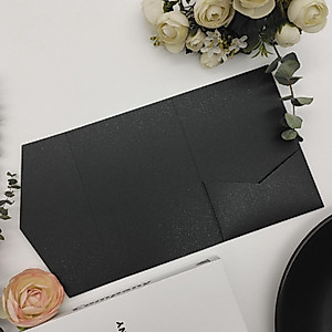 25 Pieces A7 Pocket Invitations (5.12 x 7.09) Trifold Wedding Invitation Cards for 5x7 Invites Wedding Bridal Shower Engagement Birthday Sweet 16 (Pearl Black)