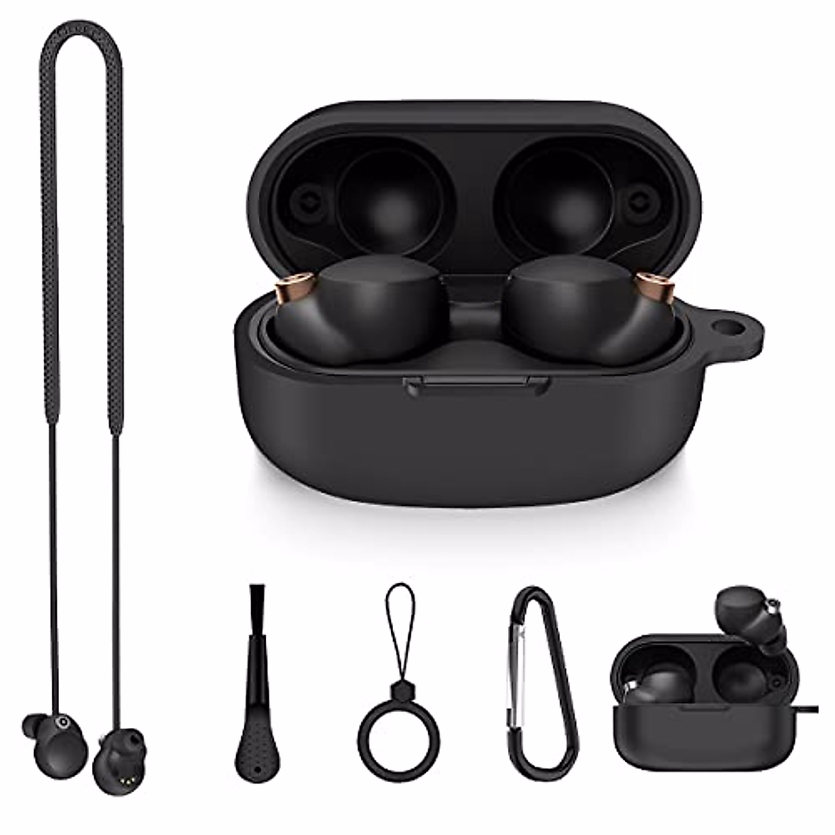 for Sony WF-1000XM4 Case Cover,Woocon 5 in 1 Soft Silicone Protective Accessories Kit Skin Sleeve for Sony WF1000XM4 True Wireless Earbuds Charging Case with Keychain/Anti-Lost Strap/Ring/Brush(Black)
