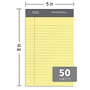 Office Depot® Brand Professional Perforated Pads, 5" x 8", Narrow Ruled, 50 Sheets Per Pad, Canary, Pack Of 8 Pads