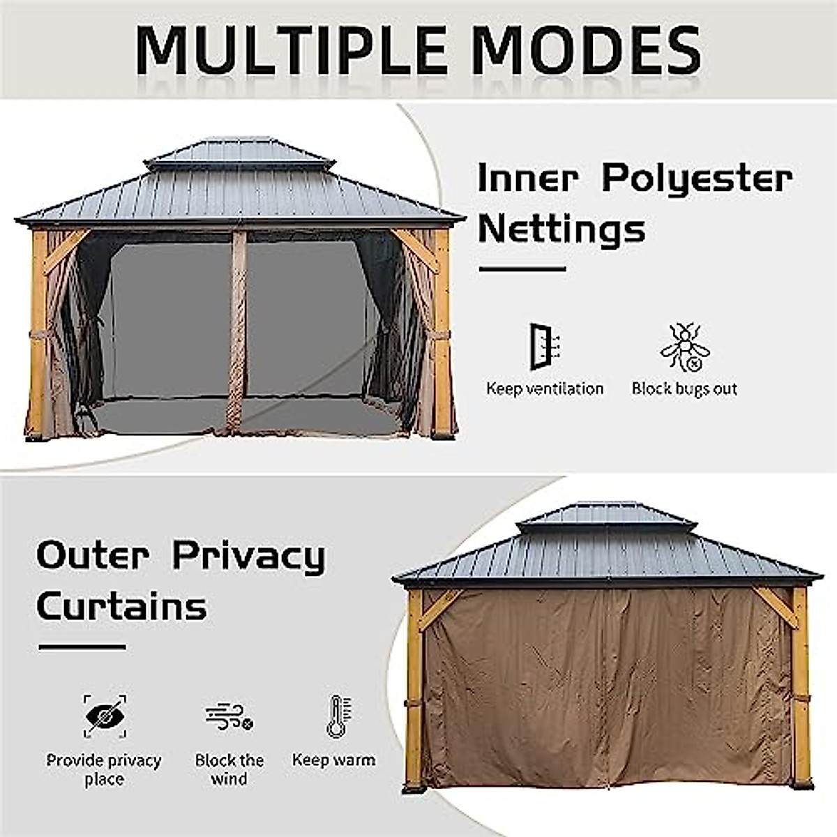 RITSU 12'x14' Gazebo, Hardtop Cedar Wood Frame Outdoor Canopy with Galvanized Steel Double Roof, Outdoor Permanent Metal Pavilion with Curtains and Netting for Patio, Backyard and Lawn, Brown