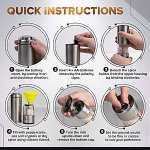 Electric Salt and Pepper Grinder Set | Stainless Steel Battery Operated Mill with Light | Pack with Oil Sprayer, Silicone Funnel, Cleaning Brush, and eBook | Adjustable Coarseness | Ceramic Grinders