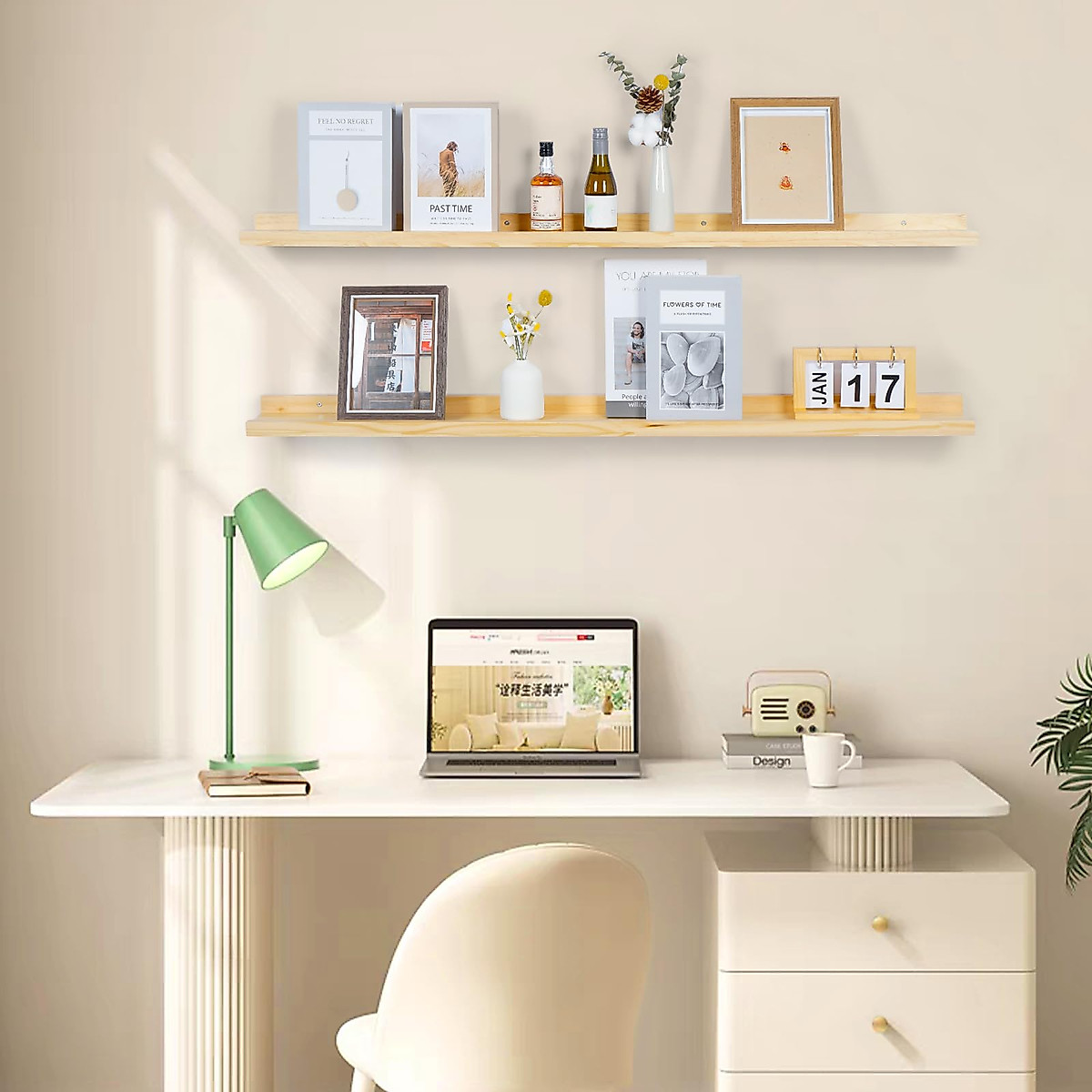 tonchean Floating Shelves 49 inch Pine Wooden Shelf with Ledge, 2 Pcs Long Floating Shelf with Lip for Wall, Picture Shelf for Living Room Bedroom Kitchen