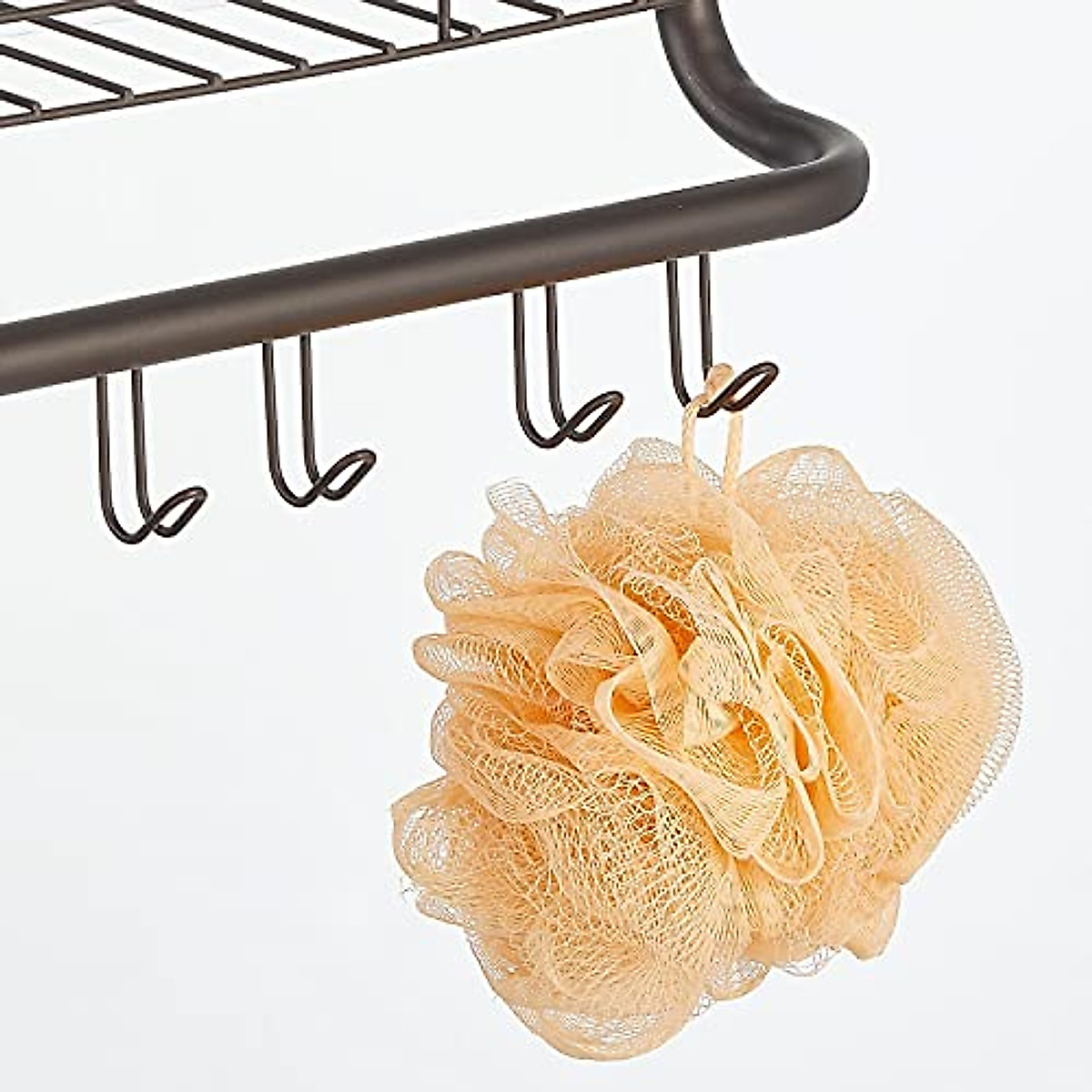 mDesign Extra Wide Hanging Shower Caddy Storage Organizer, Metal Wire Bathroom Organization Center with Built-In Hooks and Baskets on 2 Levels for Shampoo, Body Wash, Loofahs - Bronze