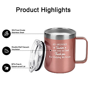 Teacher Gift - Teacher Stainless Steel Coffee Mug, Awesome Teacher Double Wall Travel Mug 12Oz, Teacher Appreciation Gift, Thank you Gift, Birthday Gift, Christmas Gift for Teachers (12Oz, Rose Gold)