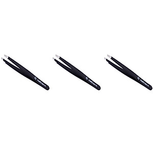 Stainless Steel Slant Precision Tweezers – Professional Tweezers for Eyebrows & Hair Removal – Black (Pack of 3)