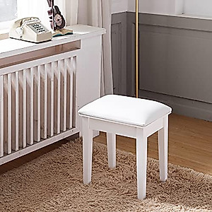 Organizedlife Vanity Stool Wood Dressing PU Padded Chair Makeup Piano Seat Make Up Bench for Dressing Solid Wood Legs,White