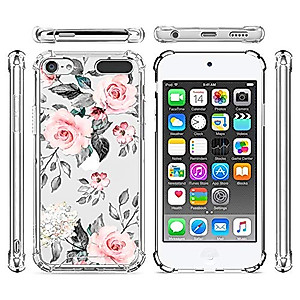 OOK Designed for iPod Touch 5 6 7 Case Rose Floral Design with Neck Strap Lanyard for Women Girls Protective Clear Transparent Bumper Case Cute Grey Pink Flower for iPod Touch 7th/ 6th/ 5th Gen