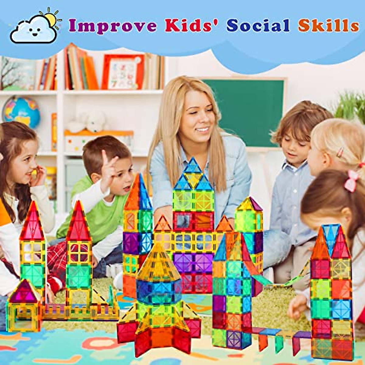 Lotmey Magnetic Tiles Building Blocks, 108 PCS 3D Magnetic Blocks Buliding Tiles Set, Magnetic Building Blocks Construction Playboards with 2 Cars, Preschool Educational Magnetic Toys for Kids 3, 4-8