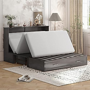 Mjkone Queen Murphy Bed with USB Charging Station | Modern Cabinet Bed with Tri-Folding Mattress | Hide-Away Bed with 2 Drawers for Bedroom | Guest Room | Office (Grey Pattern XI)